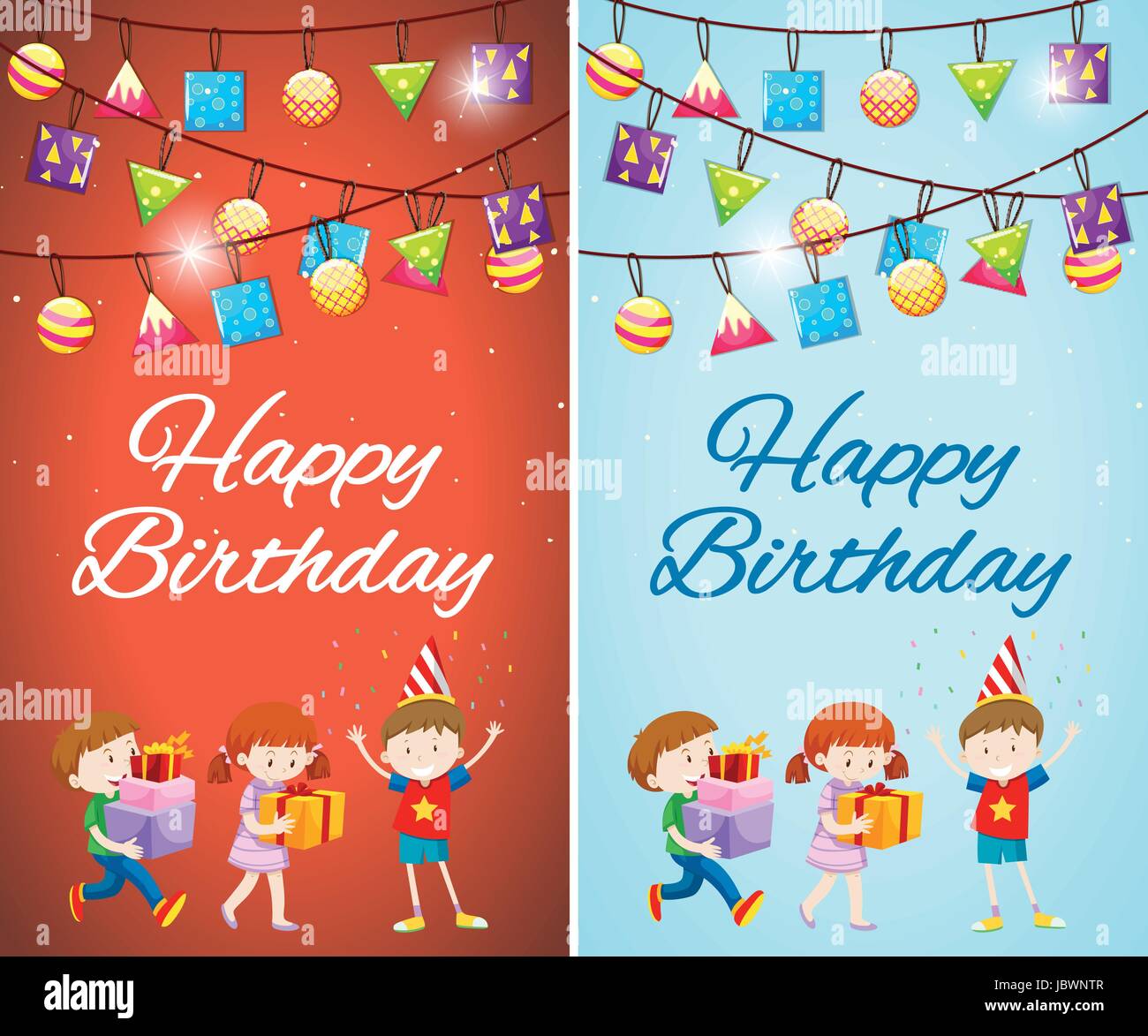 Two designs of birthday card template with kids and presents ...