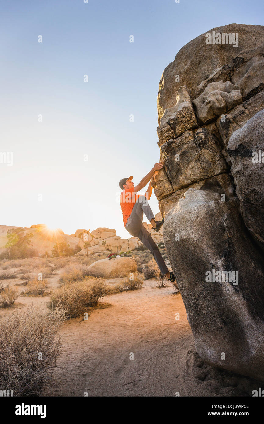 Male boulderer moving up boulder in Joshua Tree National Park at dusk ...