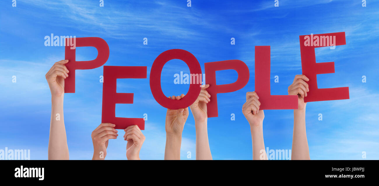 Many Hands Holding the Red Word People in the Sky Stock Photo - Alamy
