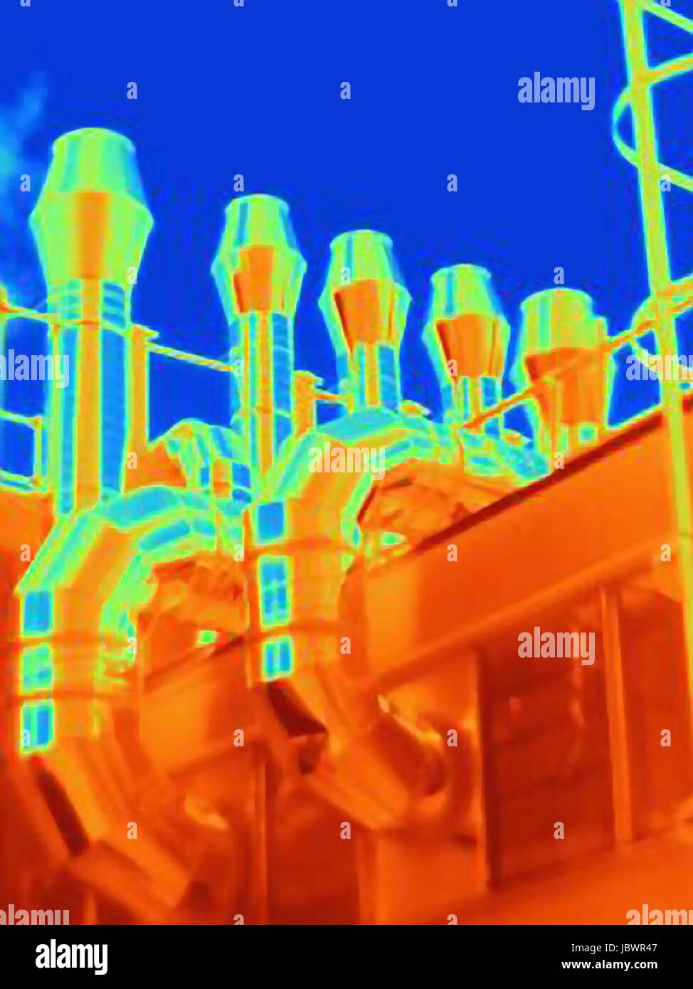 Thermal image of industrial building and smoke stacks Stock Photo - Alamy