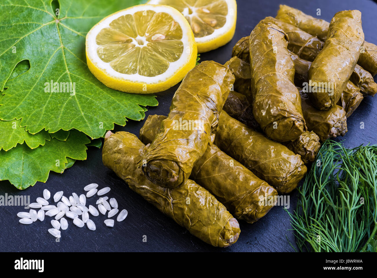 Delicious stuffed grape leaves (the traditional dolma of the ...