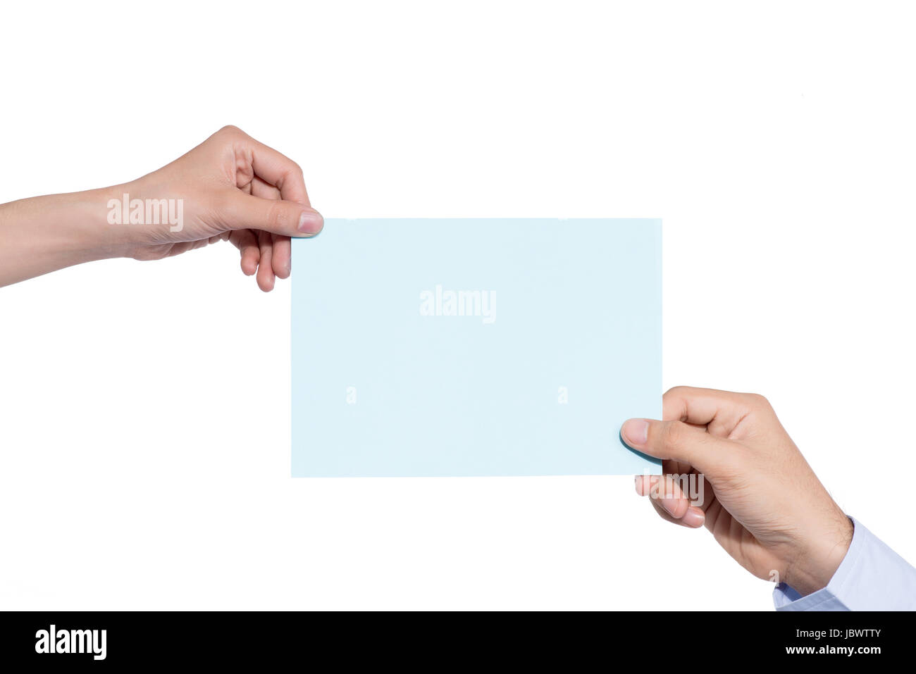 Hand holding blue paper isolated on white Stock Photo - Alamy