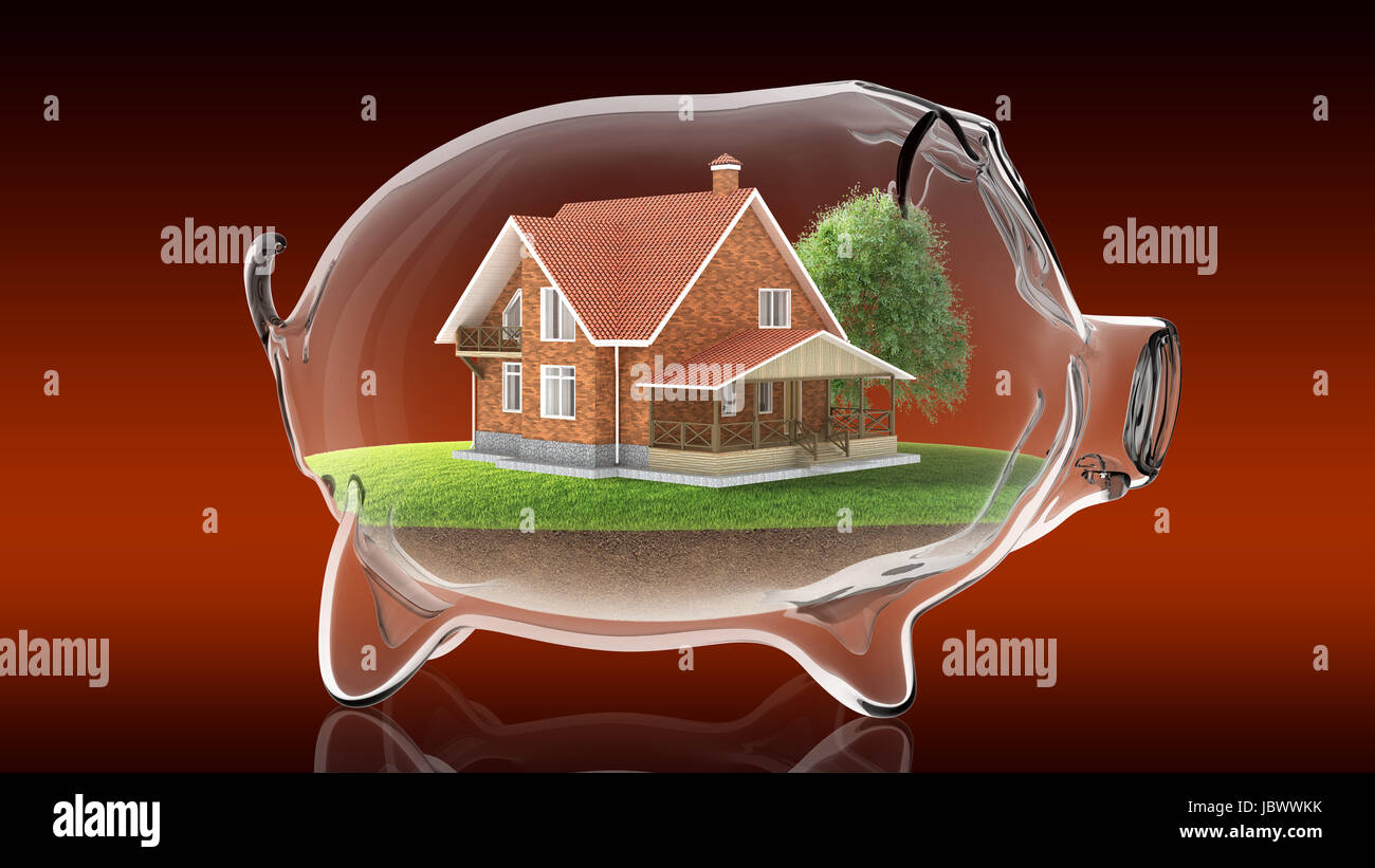 Conceptual image of a transparent piggy bank with a house inside. 3d ...