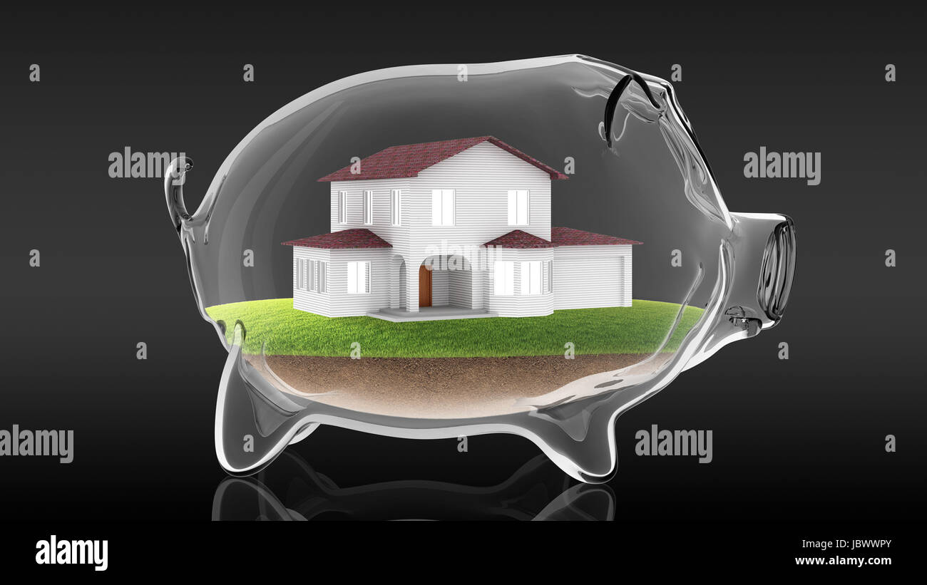 Conceptual image of a transparent piggy bank with a house inside. 3d ...