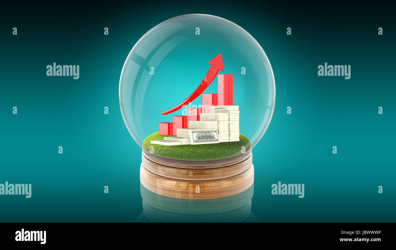 Transparent sphere glass ball with rising graph and money on the grass ...