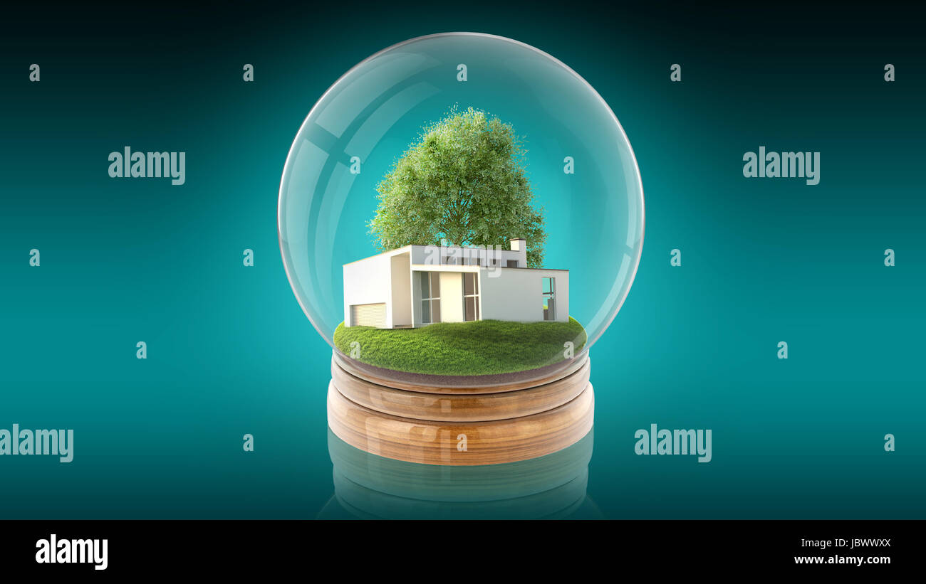 Transparent sphere glass ball with modern white house and tree inside ...