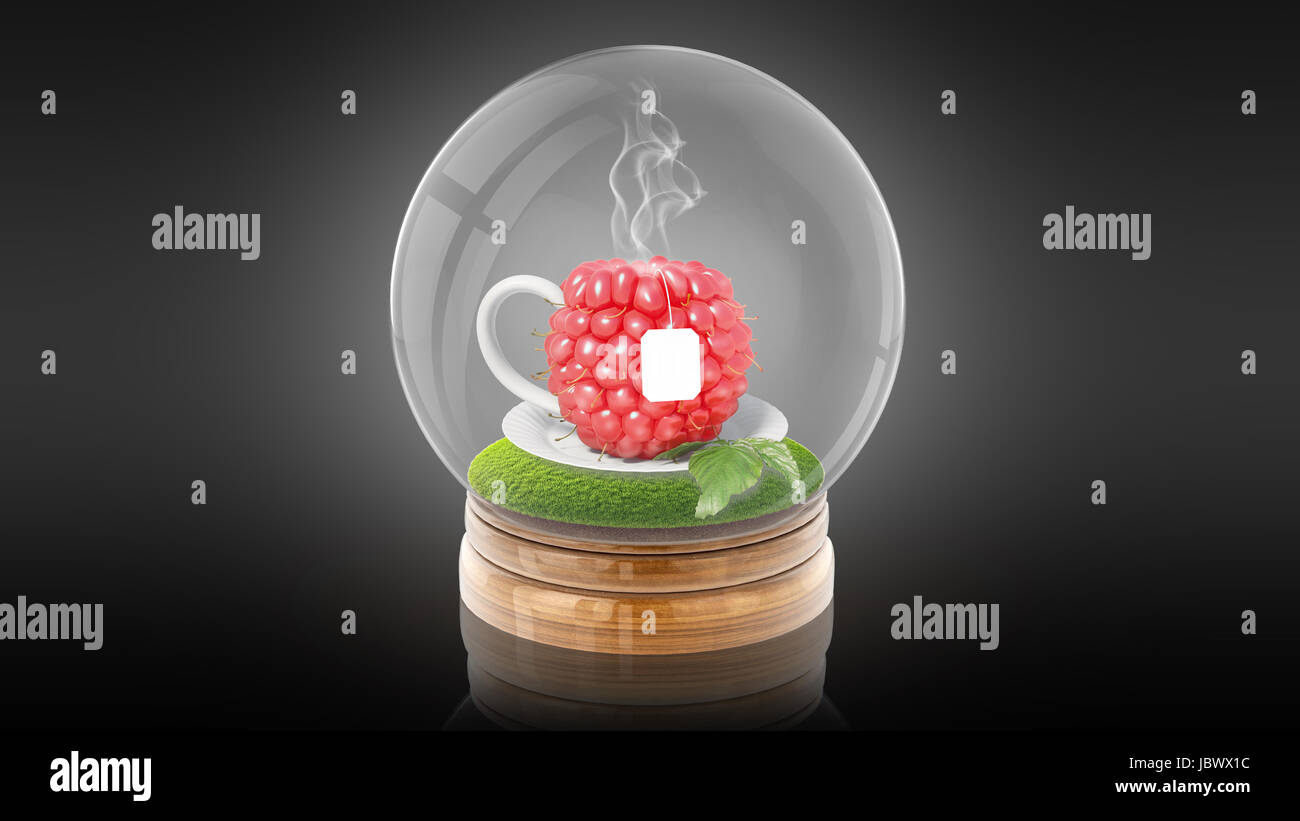 Transparent sphere glass ball with cartoon raspberry cup of tea on ...