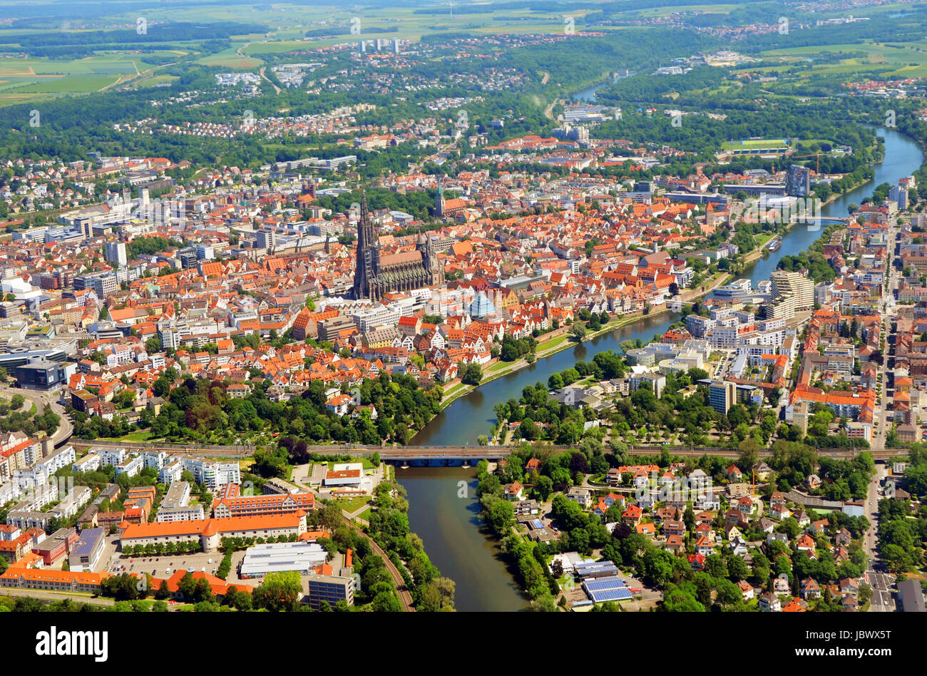 Closer Aerial view of Ulm Minster (Ulmer Münster) and Ulm, south ...