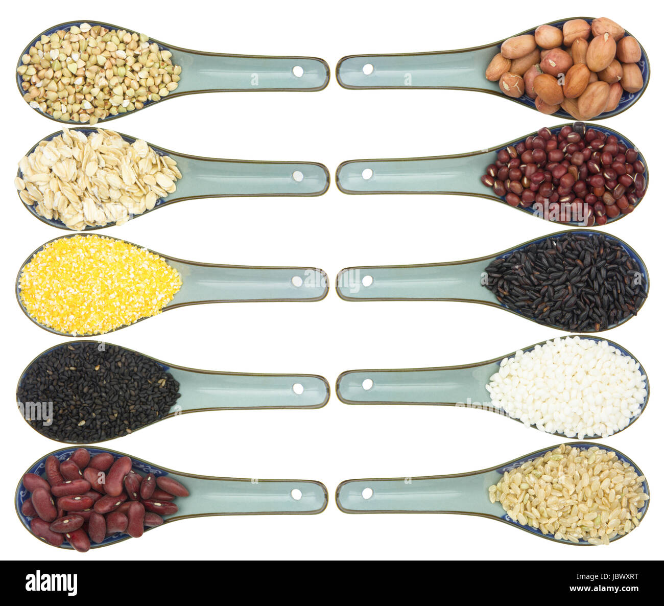 collection of many kinds different grain with china scoop isolated on ...