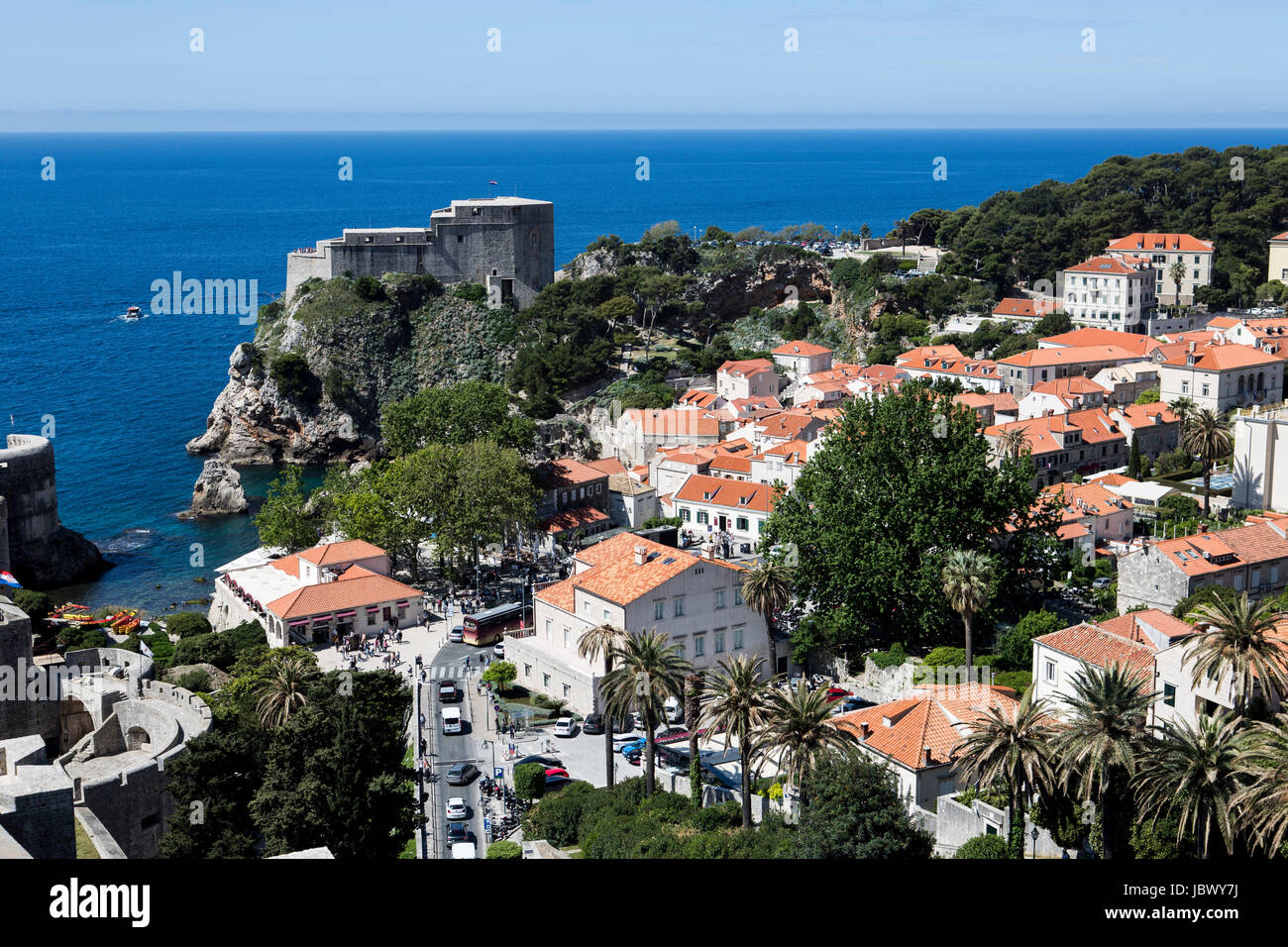 Elevated view of coastline and Fort Lovrijenac, Dubrovnik, Croatia ...