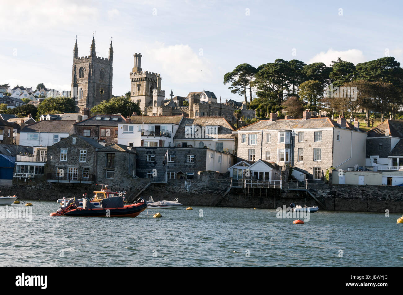 Skyline of Fowey on the banks of the Fowey River in Cornwall, Britain ...