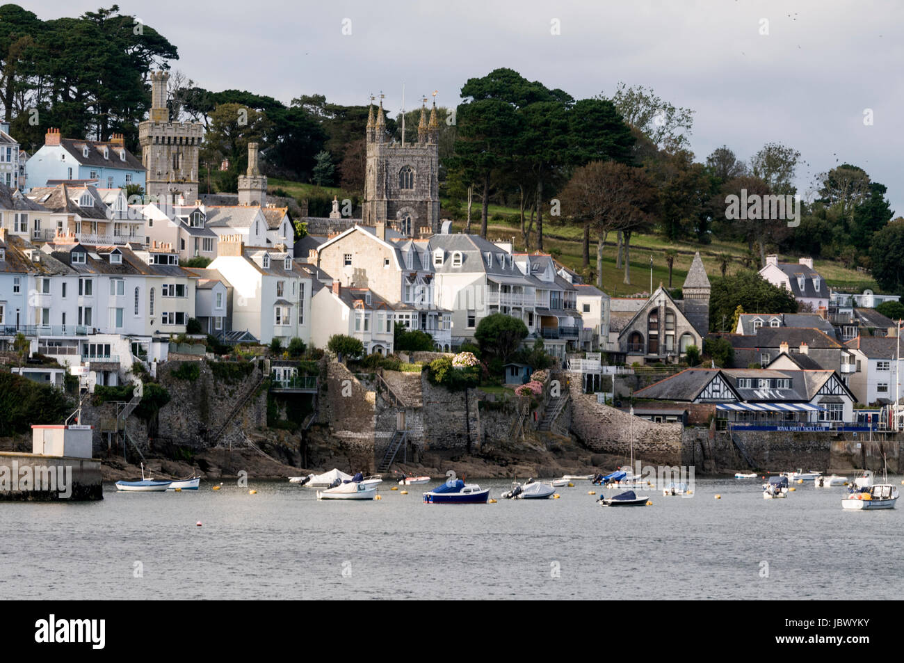 Skyline of Fowey on the banks of the Fowey River in Cornwall, Britain ...
