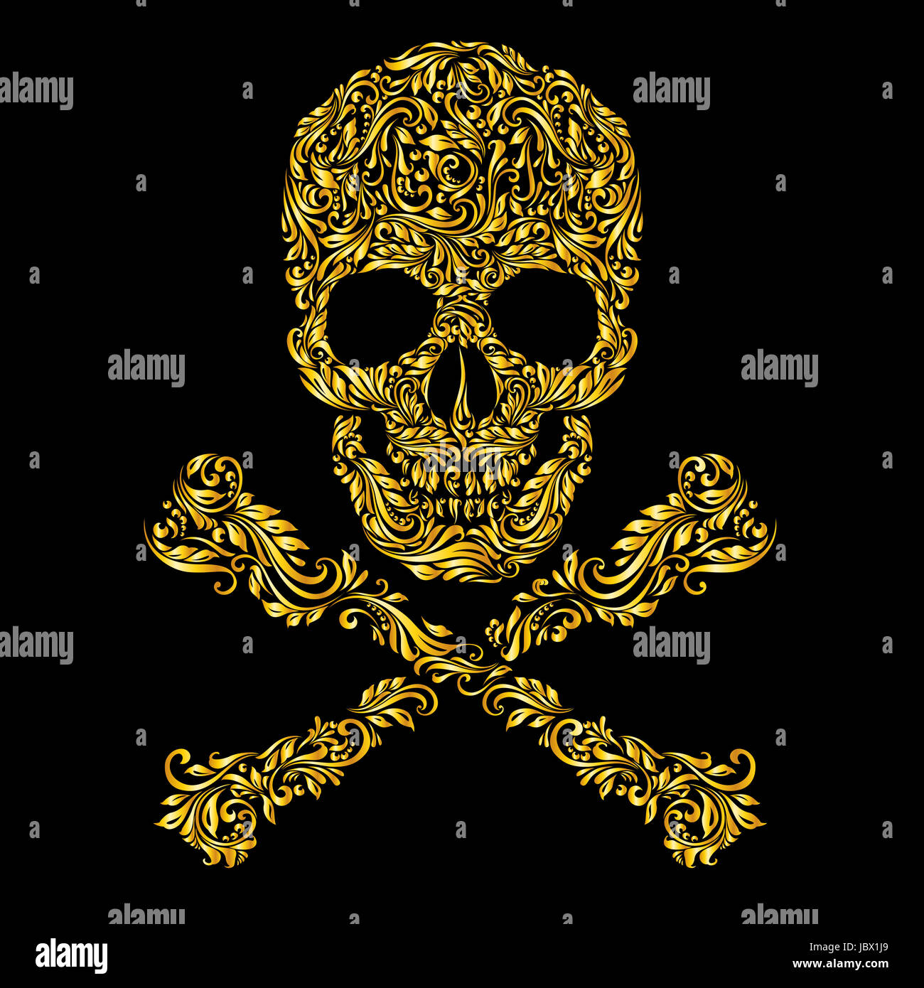 Floral gold pattern of form skull with crossbones on the black ...