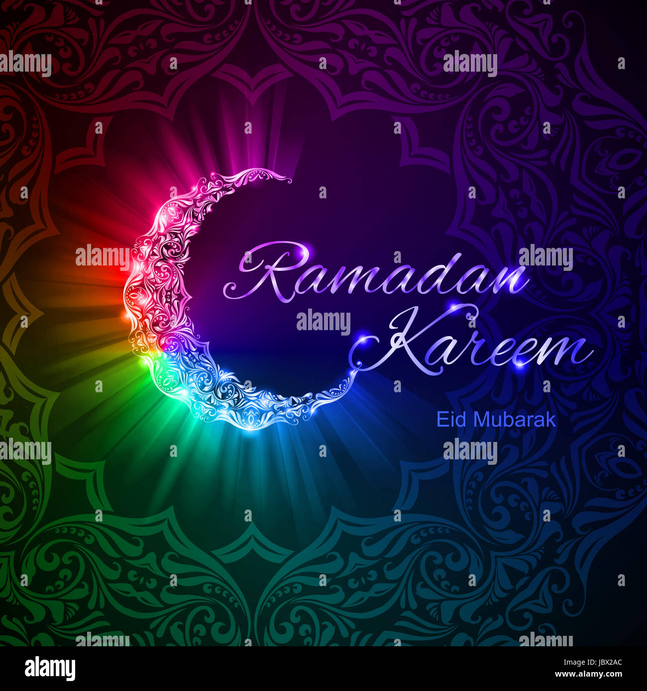 Glowing ornate crescent with bright lights in rainbow shades. Greeting ...