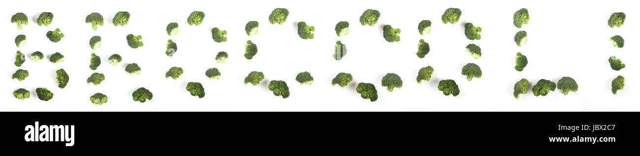 Word broccoli made from broccoli pieces. Food lettering Stock Photo - Alamy