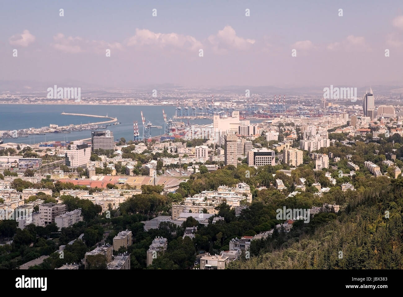 Haifa town view with stadium, harbour and seascape, Israel Stock Photo ...