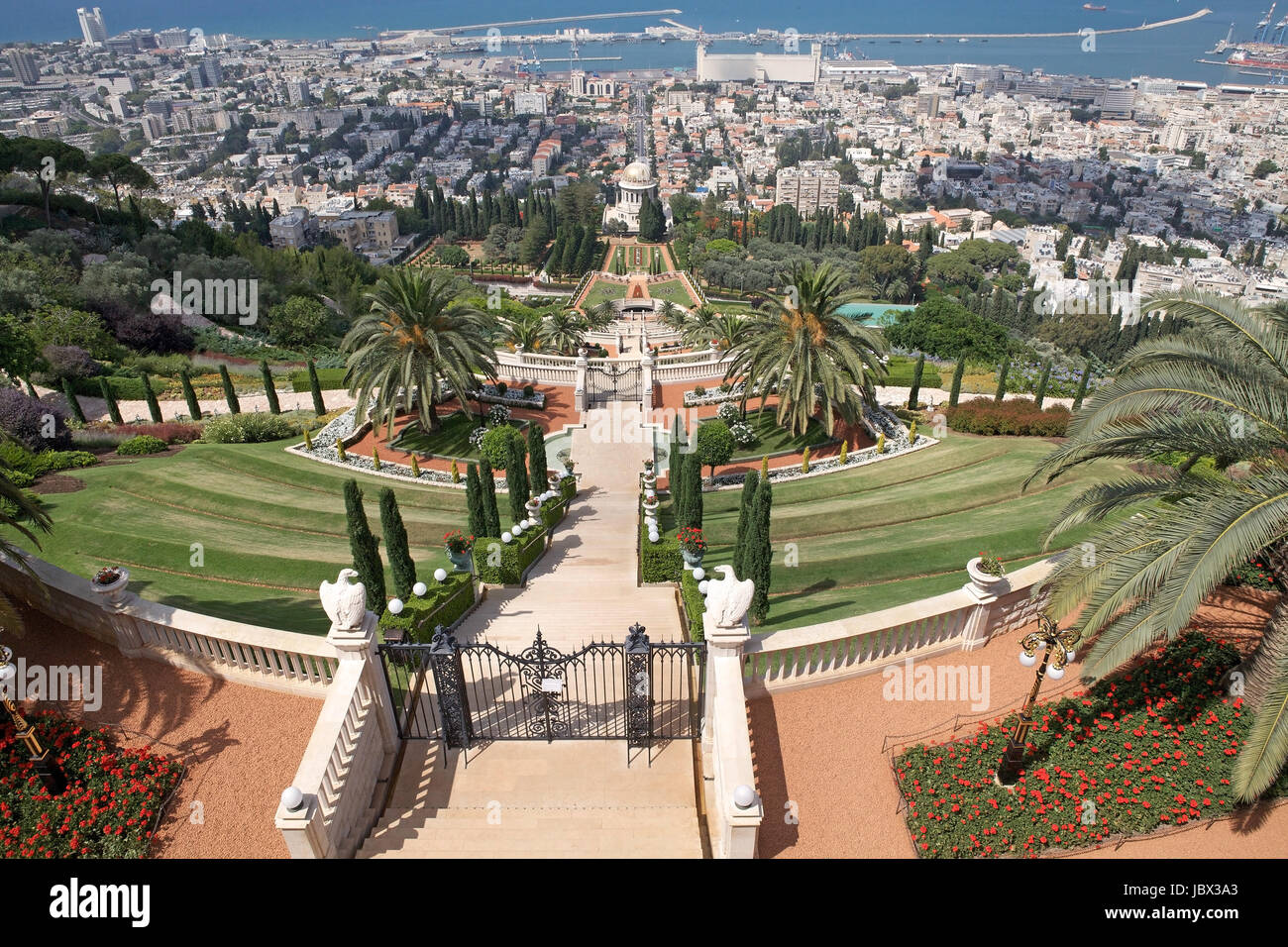 Haifa city view from the top of the hill with Bahai garden, the harbour ...