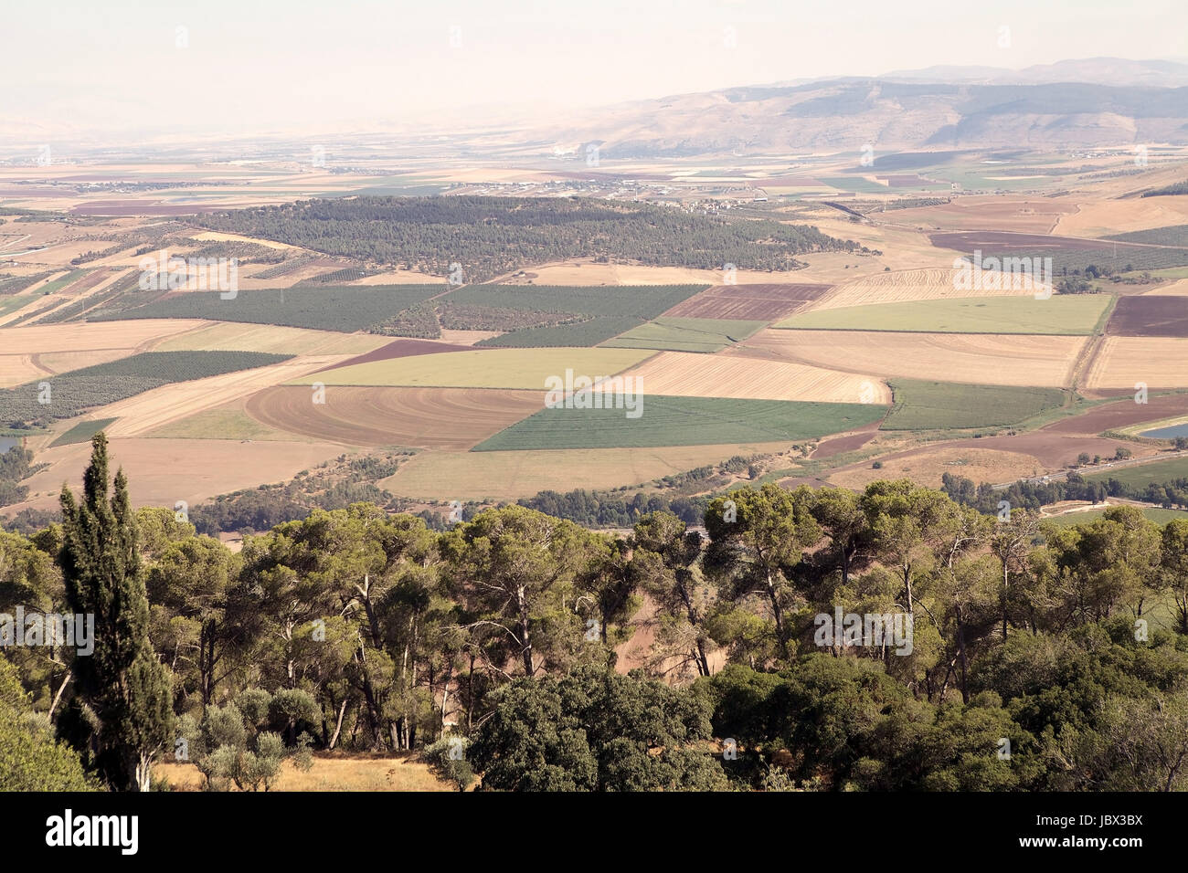 Jezreel valley landscape with cultivated fields view from the top of ...