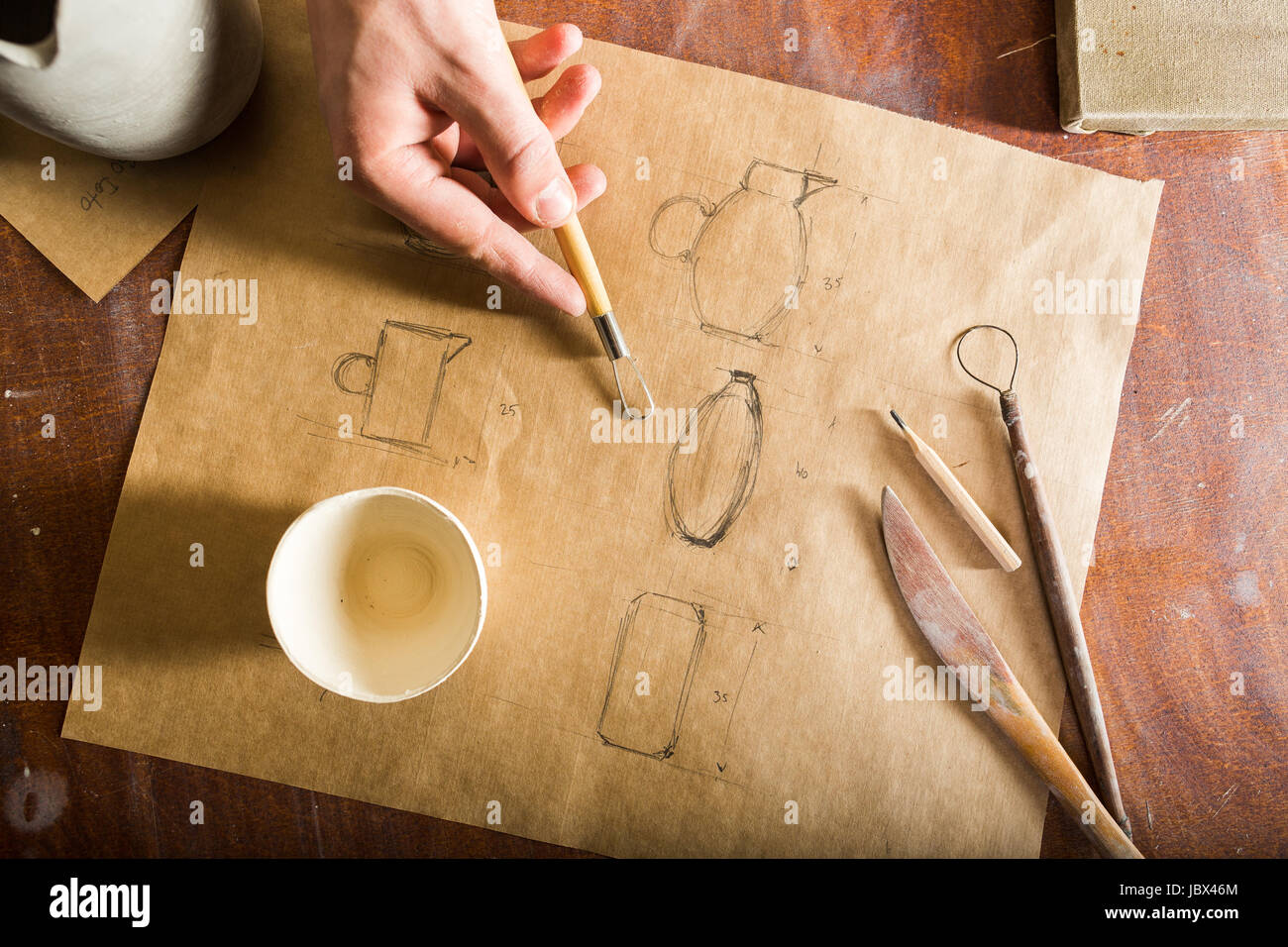 pottery, sculpting tools, ceramics art concept - top view on pencil ...