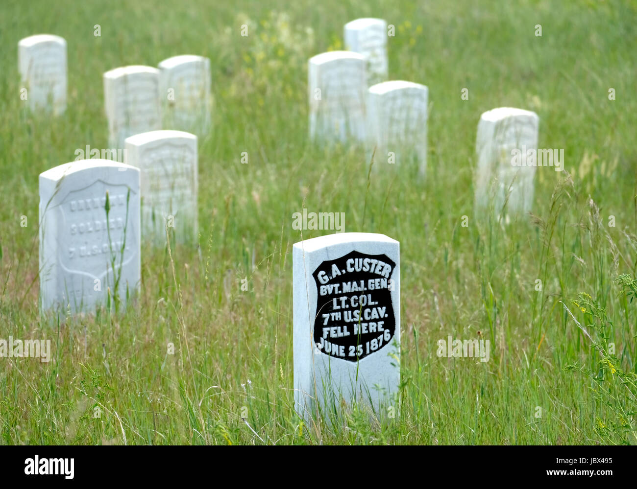 A head stone (black) marks the spot where General George Custer fell at ...