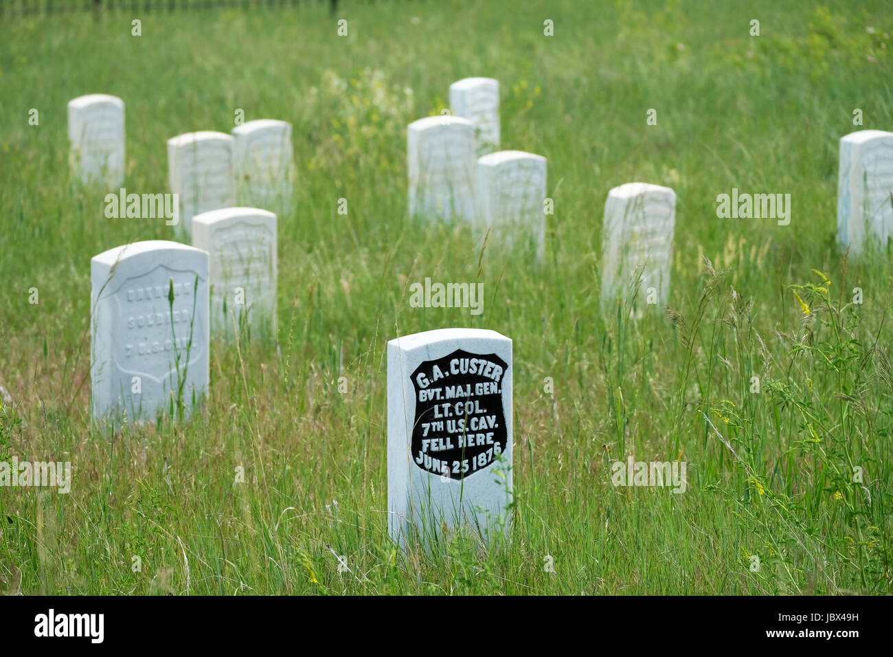 A head stone (black) marks the spot where General George Custer fell at ...