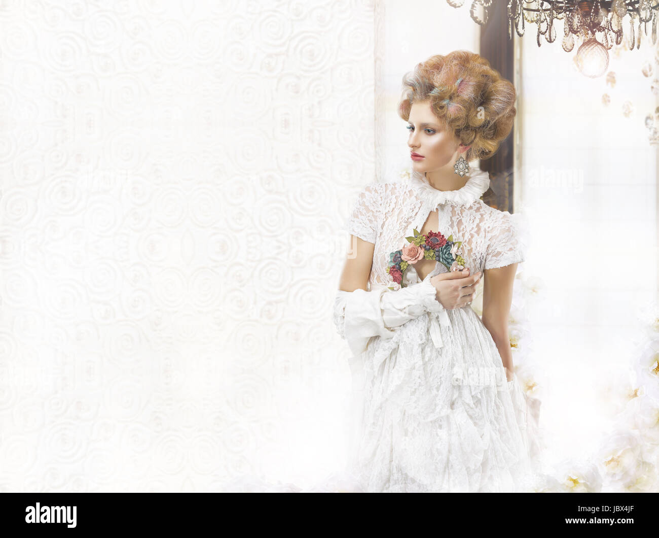 Nostalgic Styled Woman in Openwork Lacy Retro Dress Stock Photo - Alamy