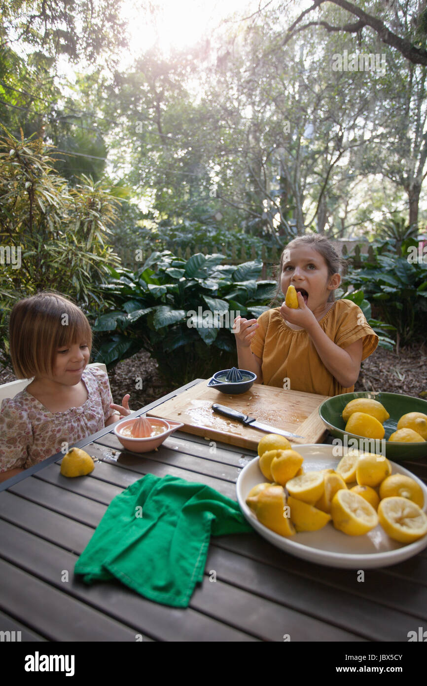 Two young sisters tasting and preparing lemons for lemonade at garden ...