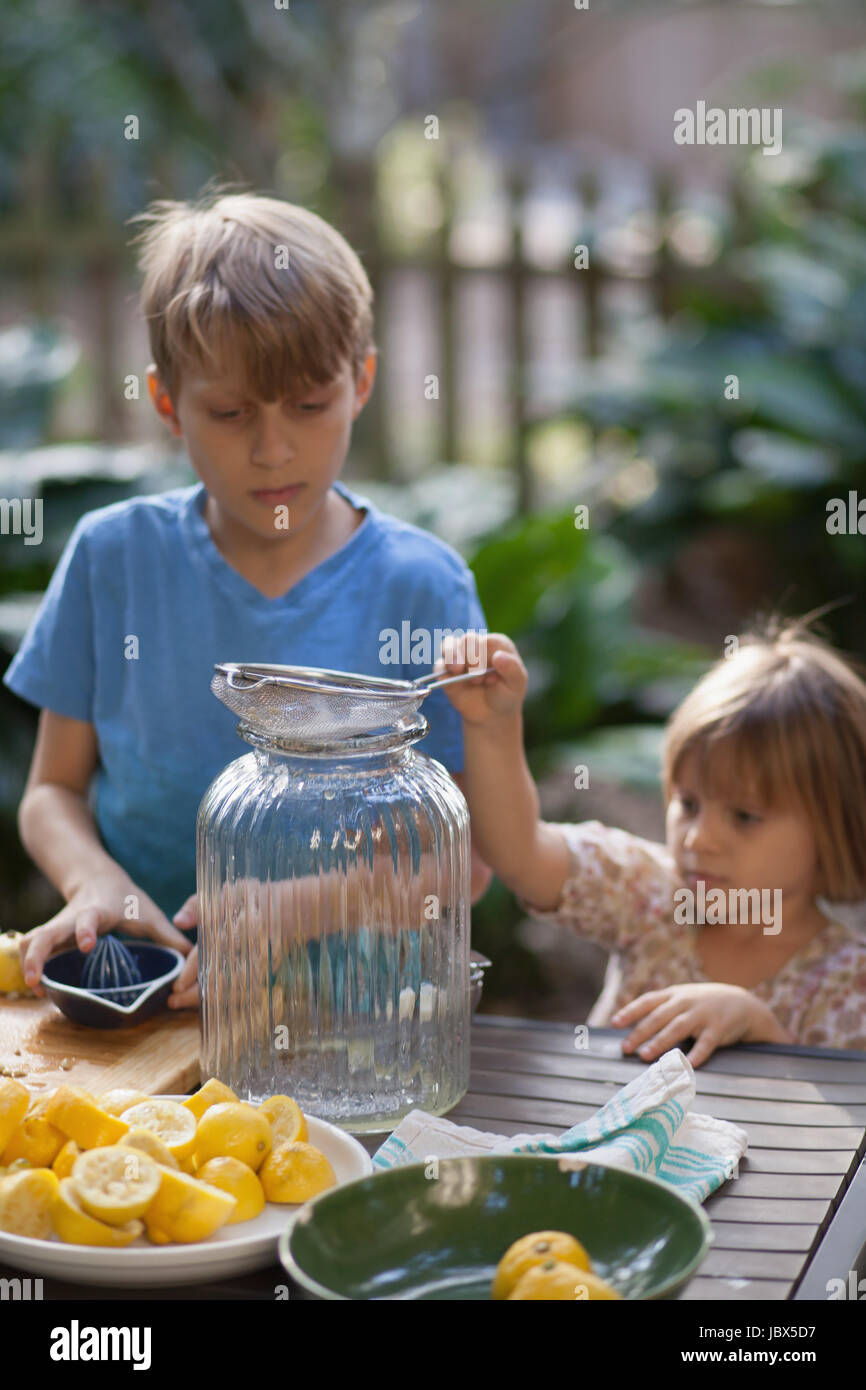 Boy and two young sister preparing lemon juice for lemonade at garden ...