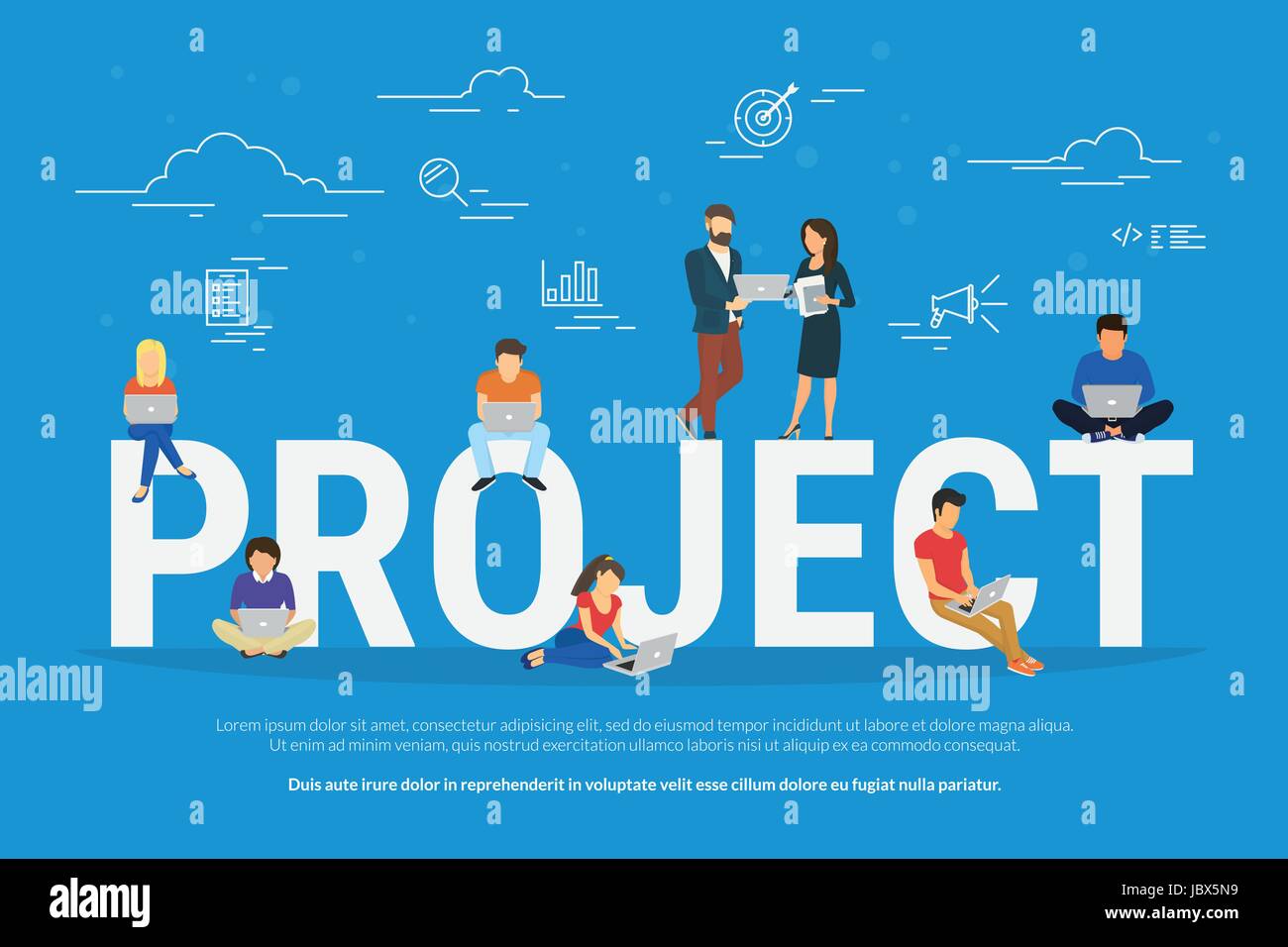 Project teamwork concept illustration of business people using laptops ...