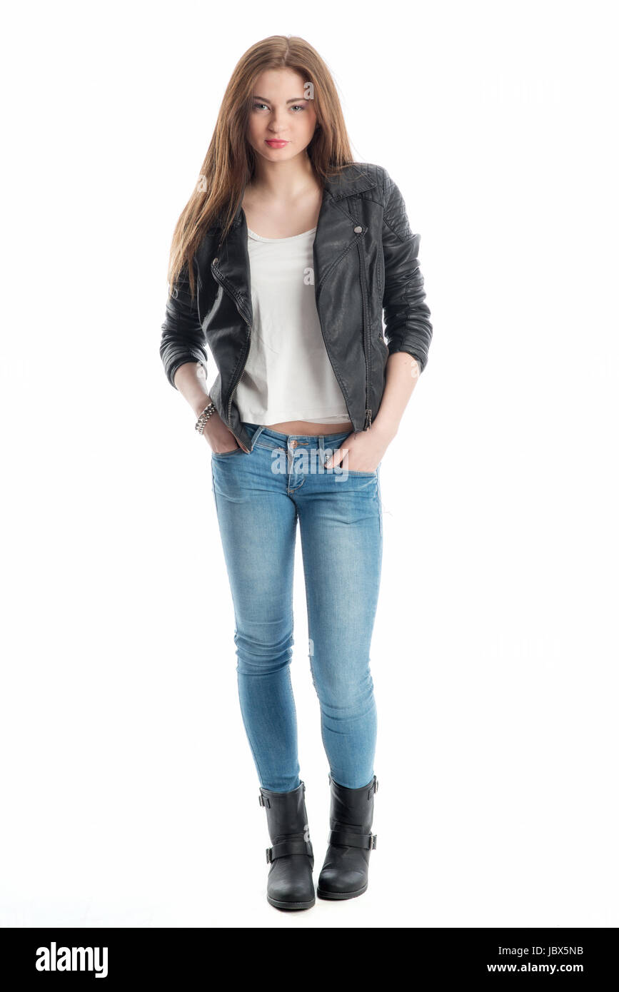 young girl in leather jacket Stock Photo - Alamy