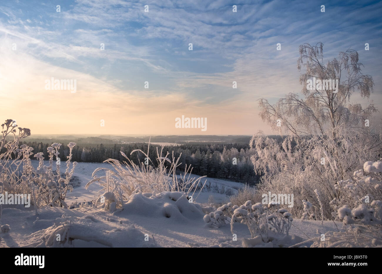 Scenic landscape with sunset at winter time in Finland Stock Photo - Alamy