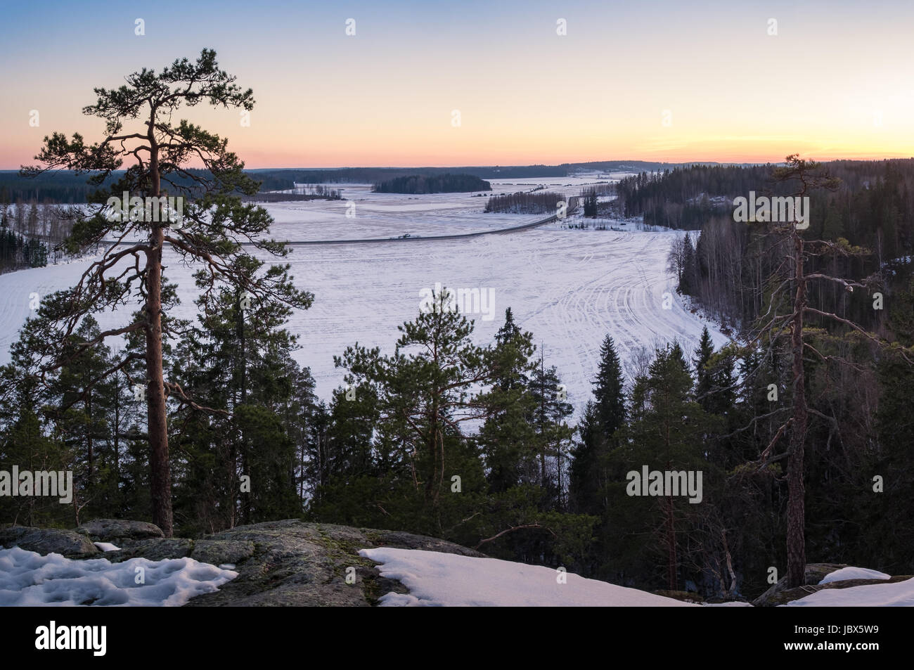 Scenic landscape with sunrise at top of the hill in Finland Stock Photo ...