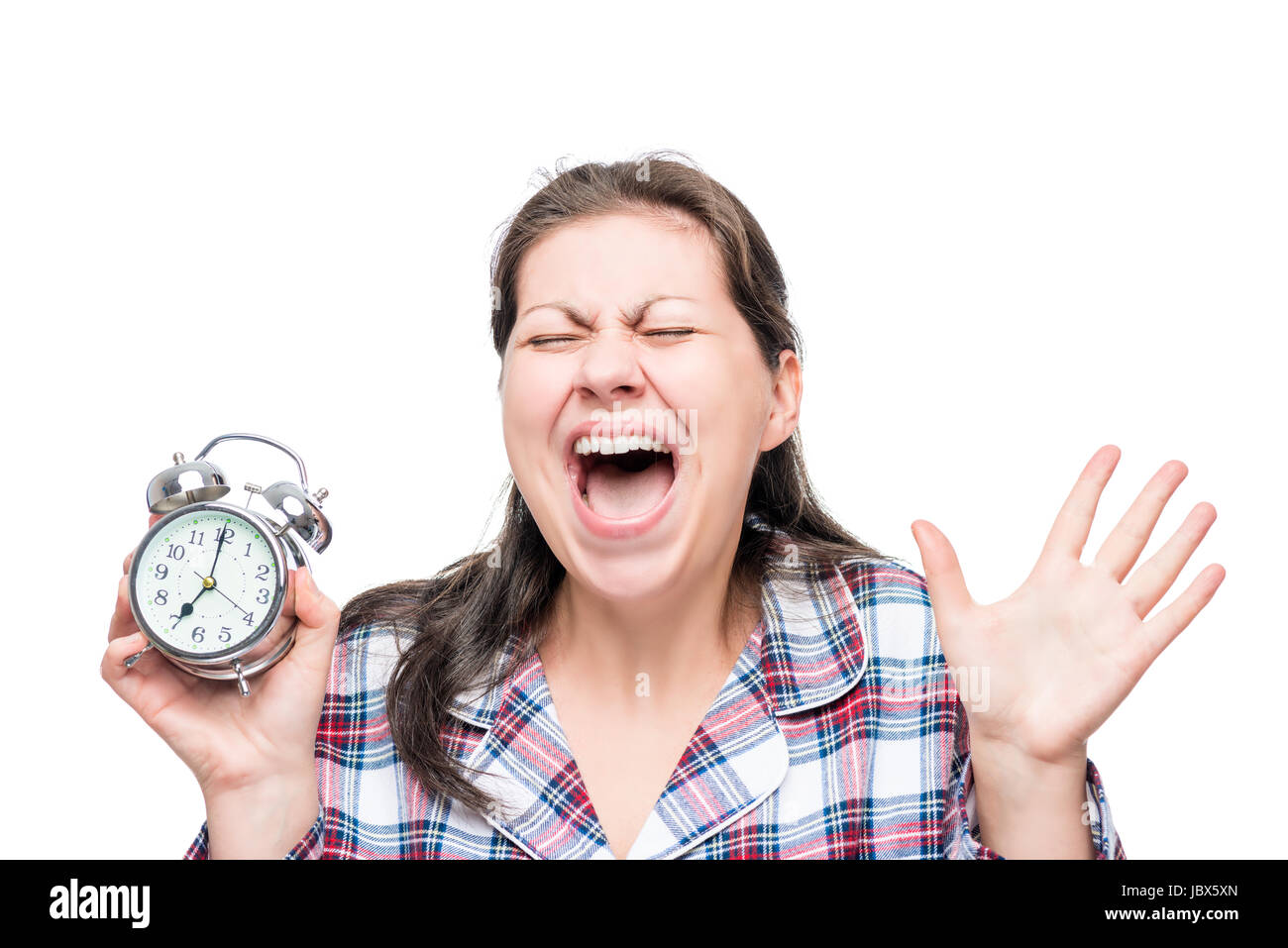 Screaming crazy woman with an alarm clock in her hands was late for ...