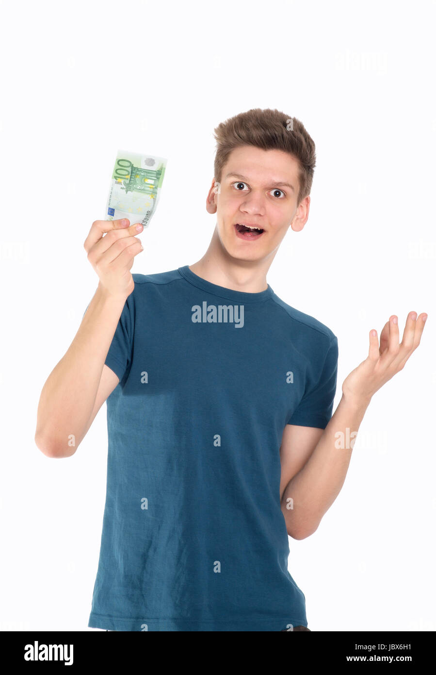 young man holding 100 euros Stock Photo - Alamy