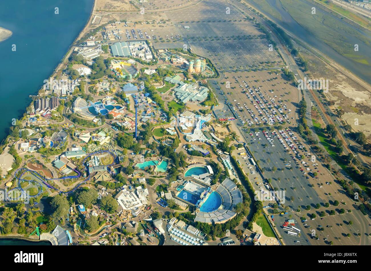 Aerial view of SeaWorld, a marine life theme park in San Diego Bay in ...