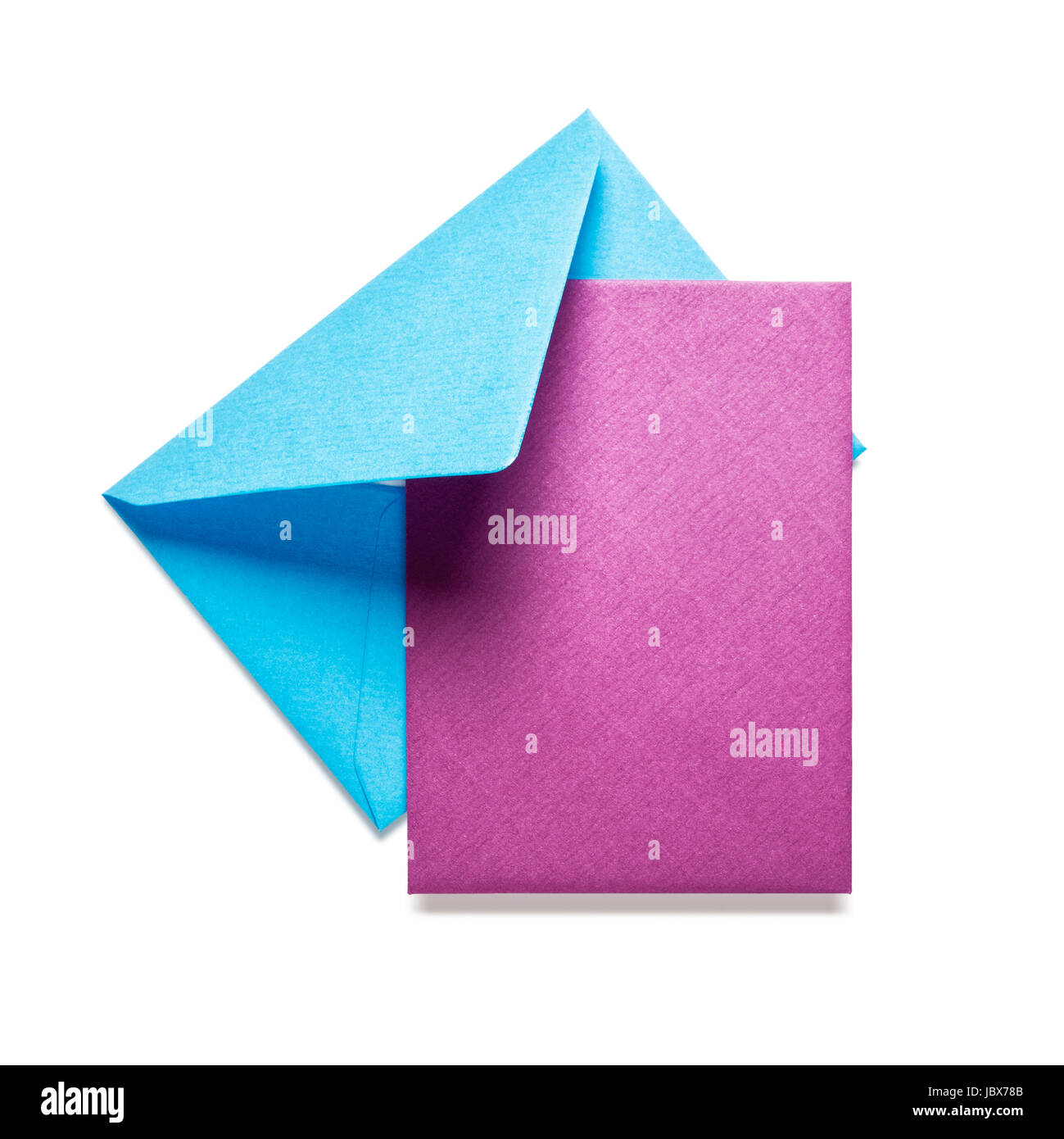 Blue envelope with pink card on white background, clipping path ...