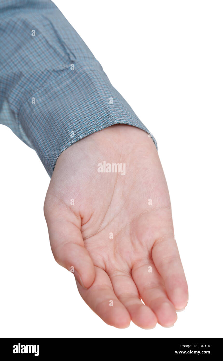 above view of cupped palm hand gesture isolated on white background ...