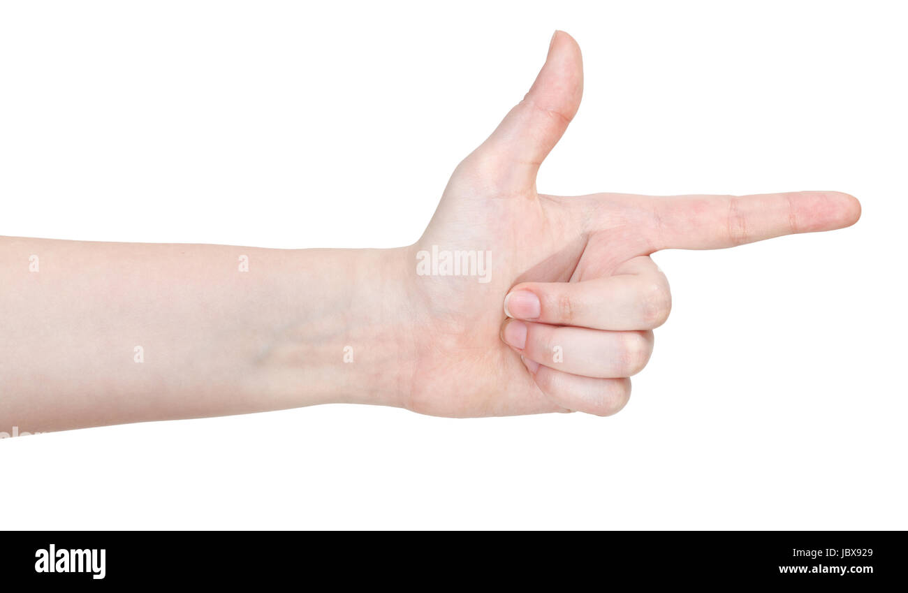 side view of handgun - hand gesture isolated on white background Stock ...