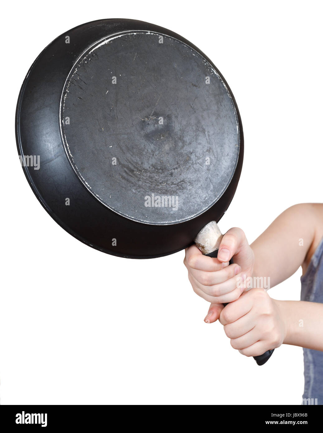 skillet in female hands close up isolated on white background Stock ...