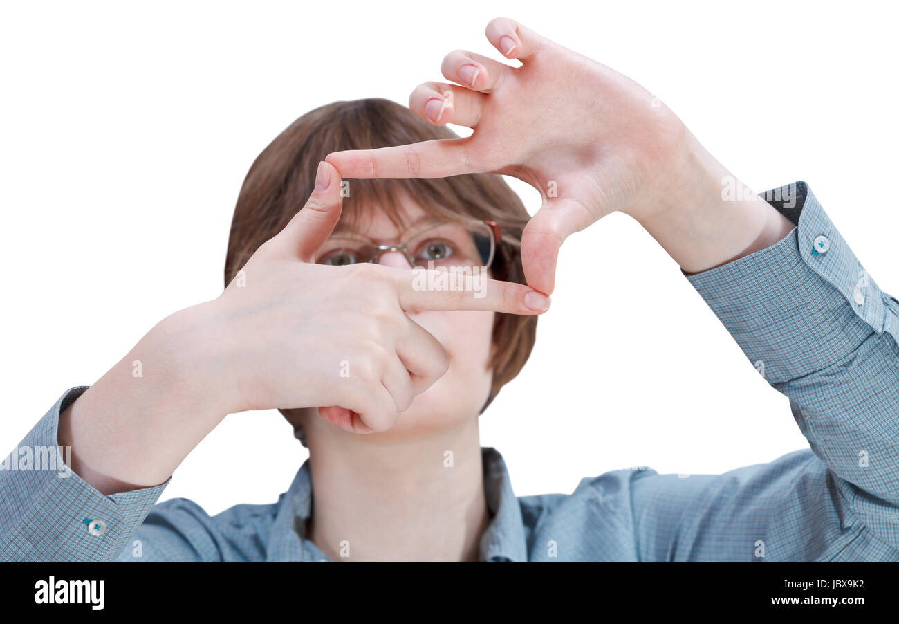 look through fingers frame - hand gesture isolated on white background ...