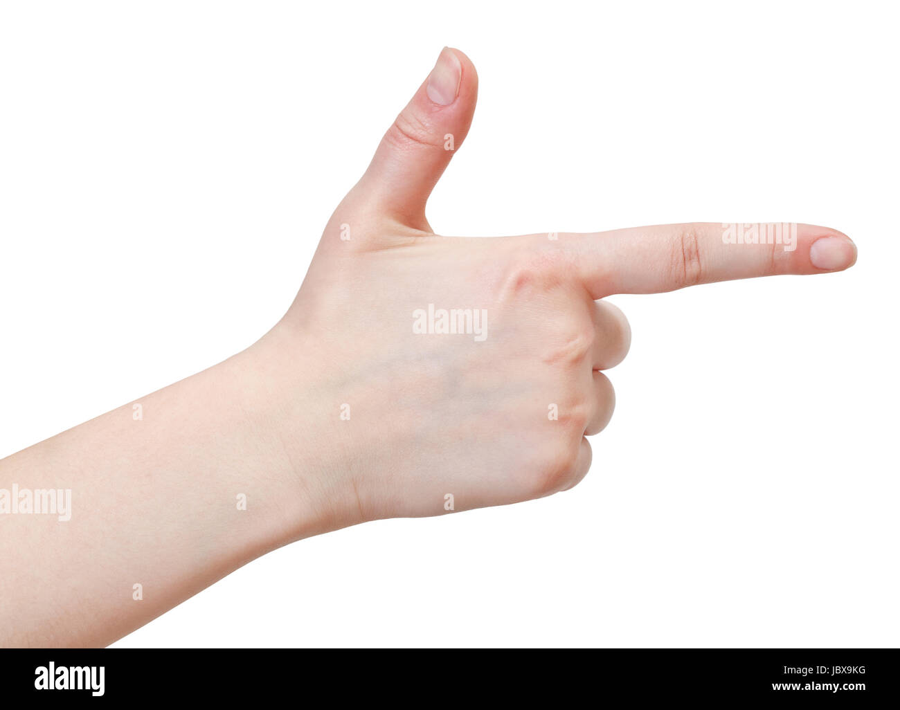 side view of finger handgun - hand gesture isolated on white background ...