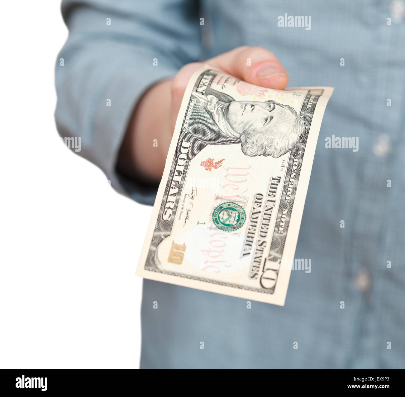 ten dollars banknote in hand close up Stock Photo - Alamy