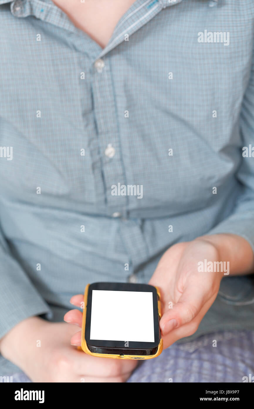 smartphone with cut out screen in female hand Stock Photo - Alamy