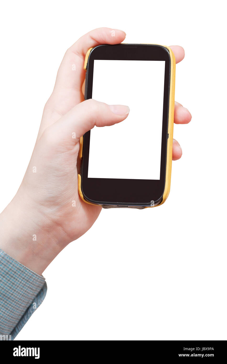 cut out screen of smart phone in hand isolated on white background ...