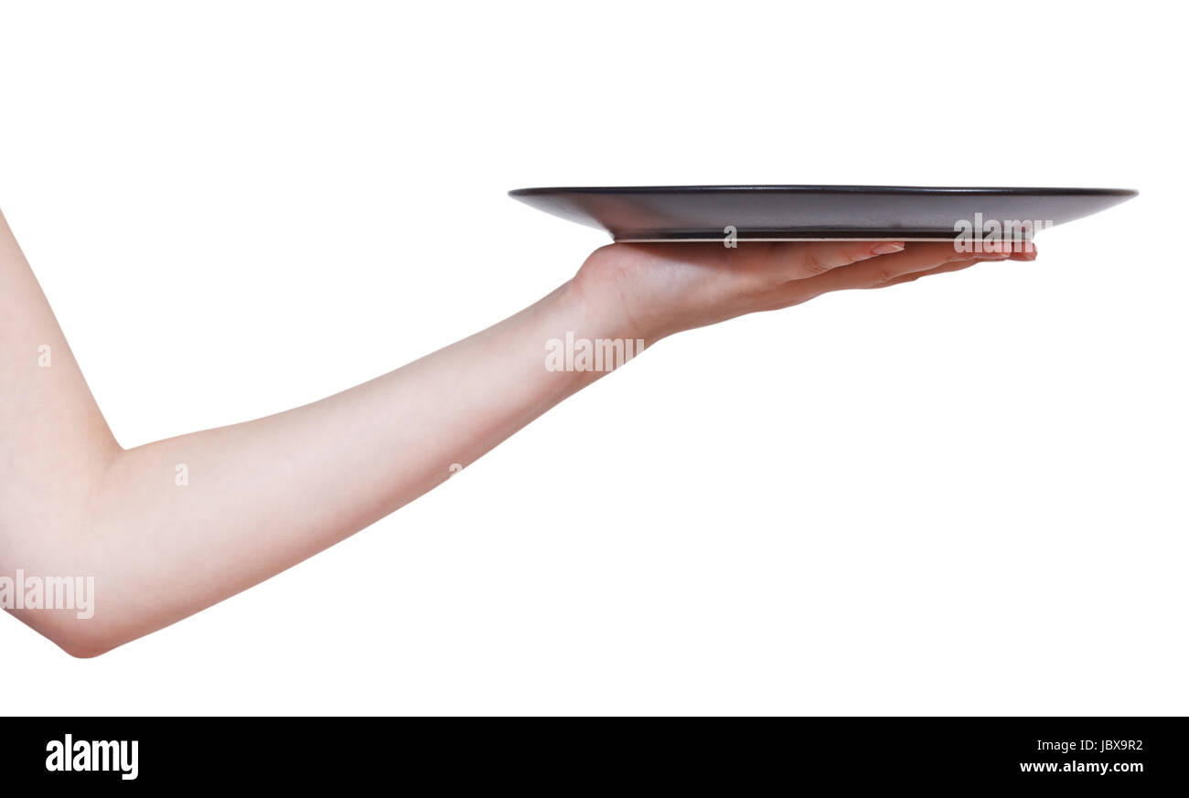 black plate on hand isolated on white background Stock Photo - Alamy