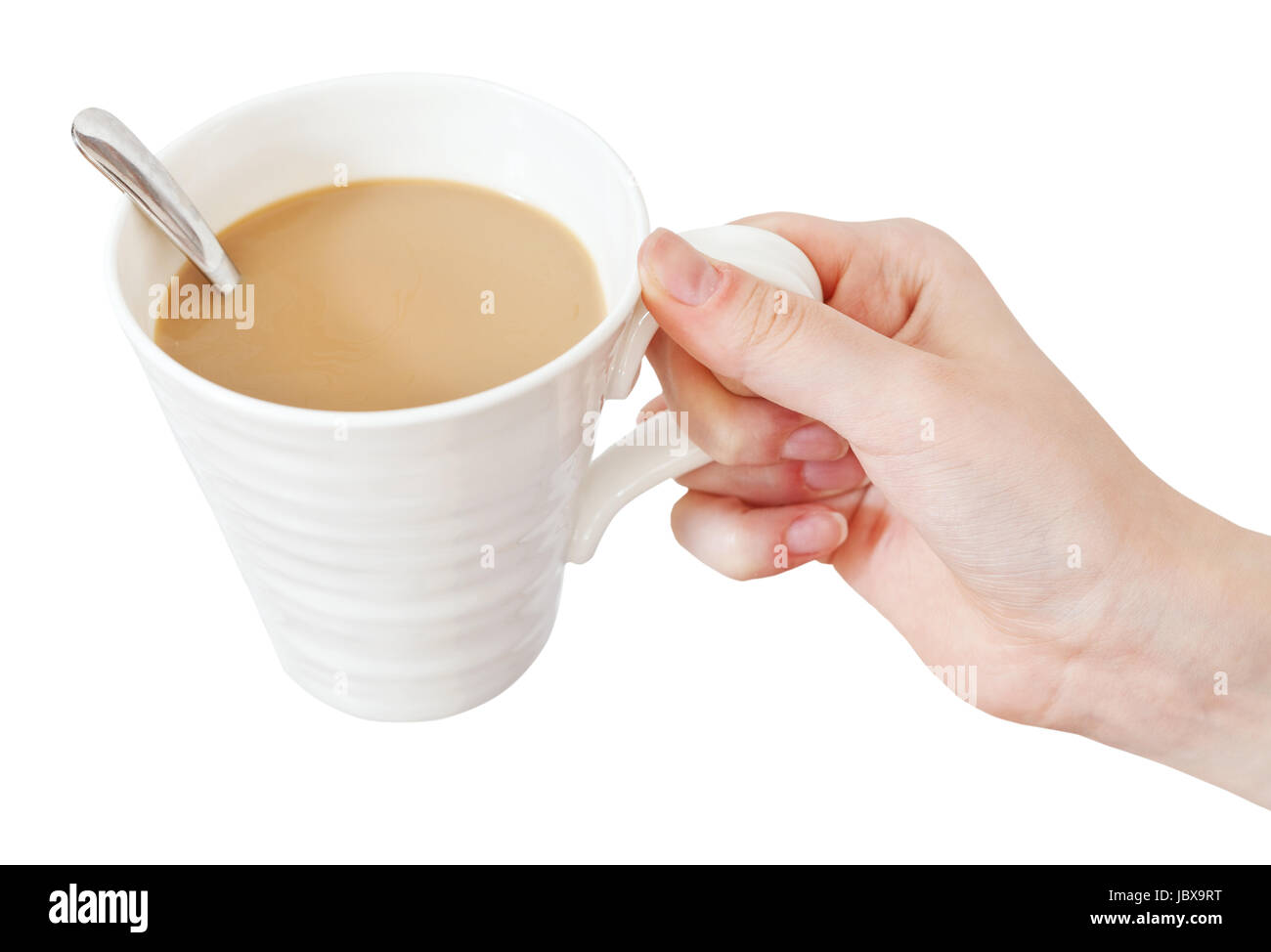 hand holds mug of coffee with milk isolated on white background Stock ...