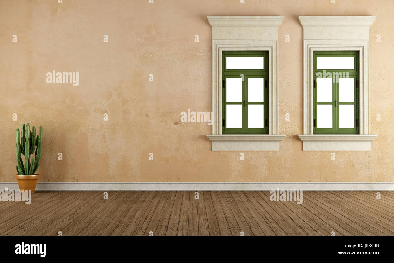 Retro room with two classic windows - rendering Stock Photo - Alamy