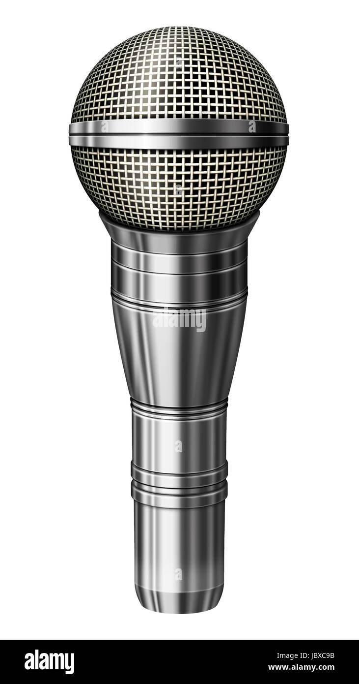 Digital illustration of a microphone with a silver casing. Isolated ...
