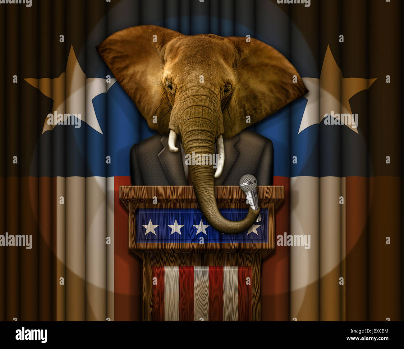 Elephant in a suit, standing at a podium, holding a microphone, with a ...