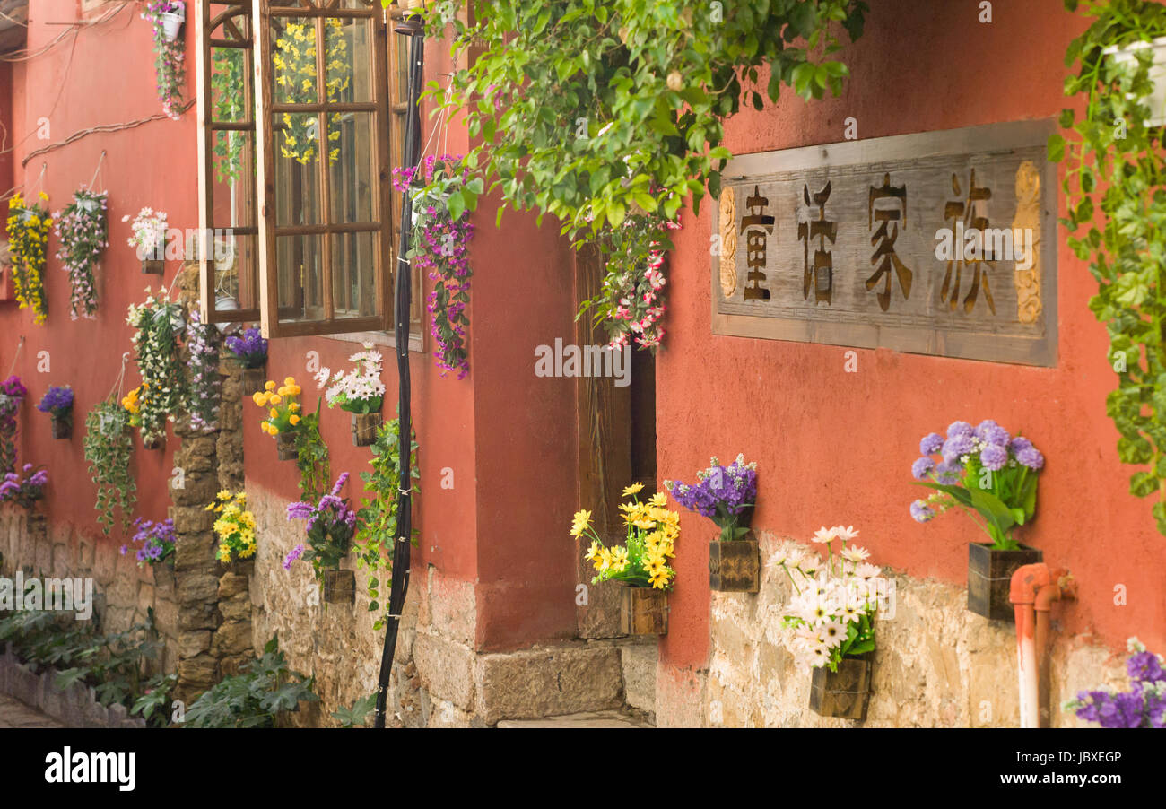 Flowers in pots on outside wall of building, Lijiang, Yunnan, China ...